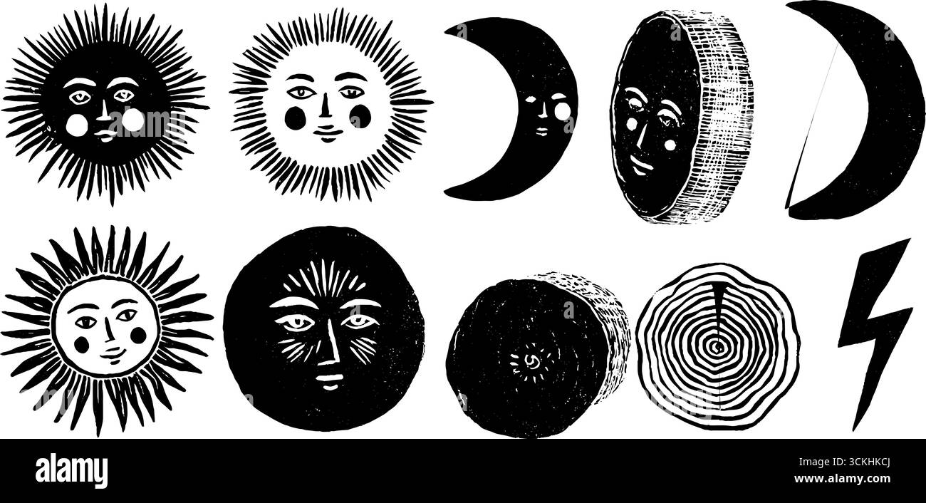 Mythic sun and moon faces linocut seamless pattern design for artistic ...