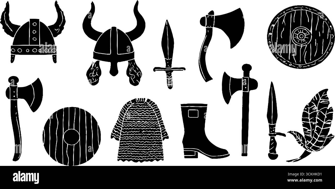 Viking armour collection with horned helmet, shield, axe, and armor for ...
