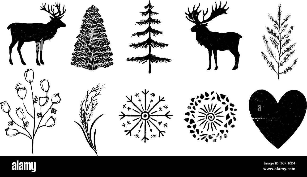 Nordic folk linocut set with reindeer and pine trees for winter designs ...