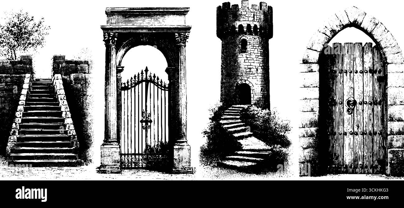 Medieval architecture collection: engraved arches, towers, and gates ...