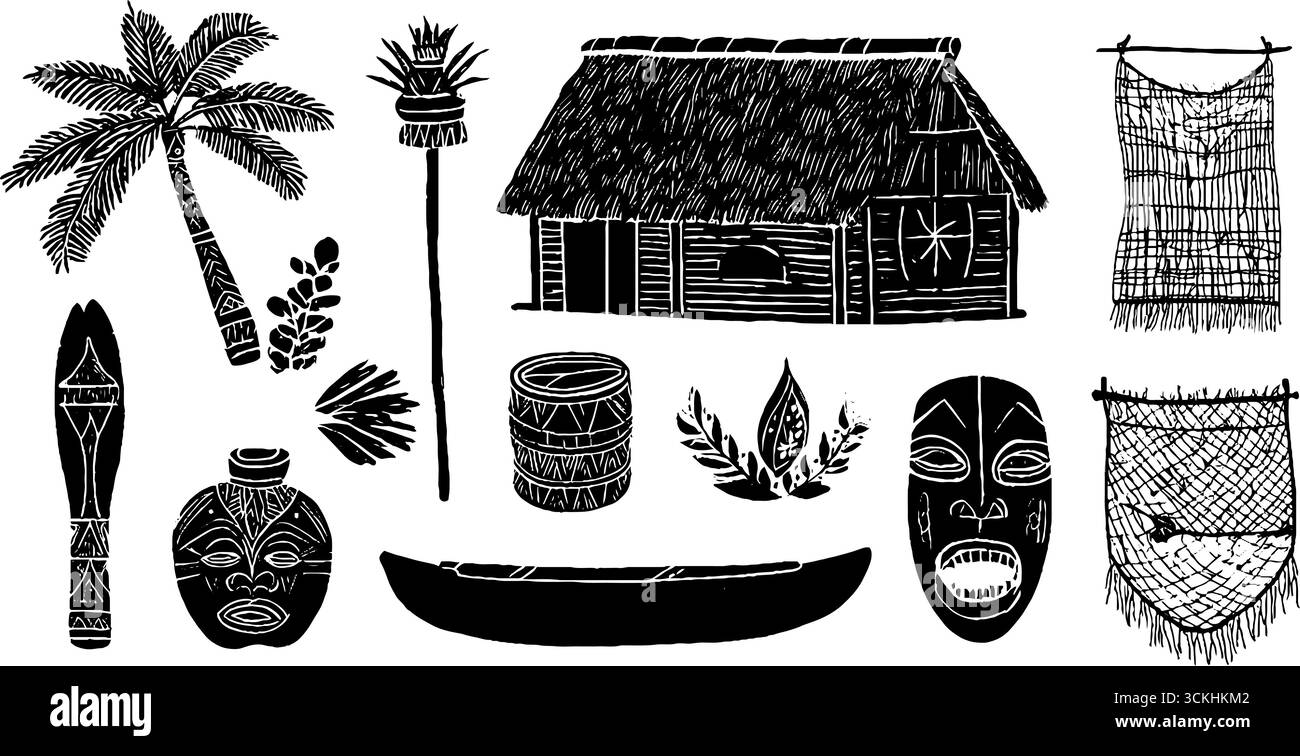 Polynesian daily life linocut collection: thatched hut, canoe, and ...