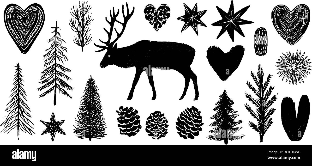 Nordic folk art collection with reindeer, pine trees, and hearts for ...