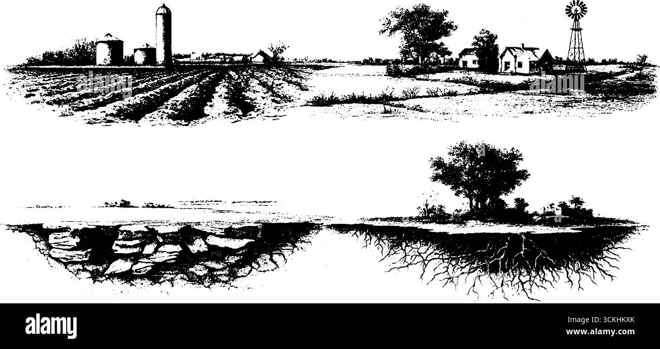 Vintage farm landscape and ploughed field engraving collection for ...