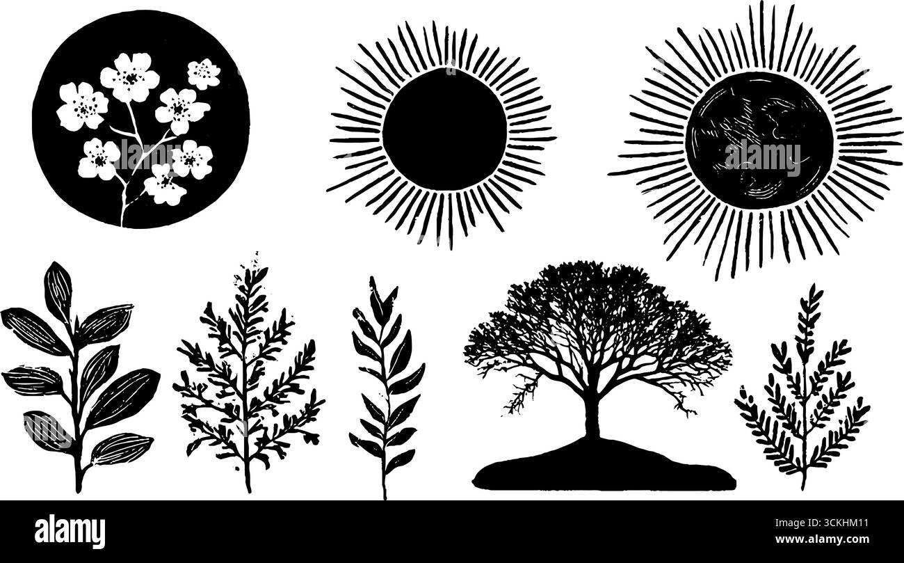 Linocut seasonal composition of nature elements in four quadrants for ...