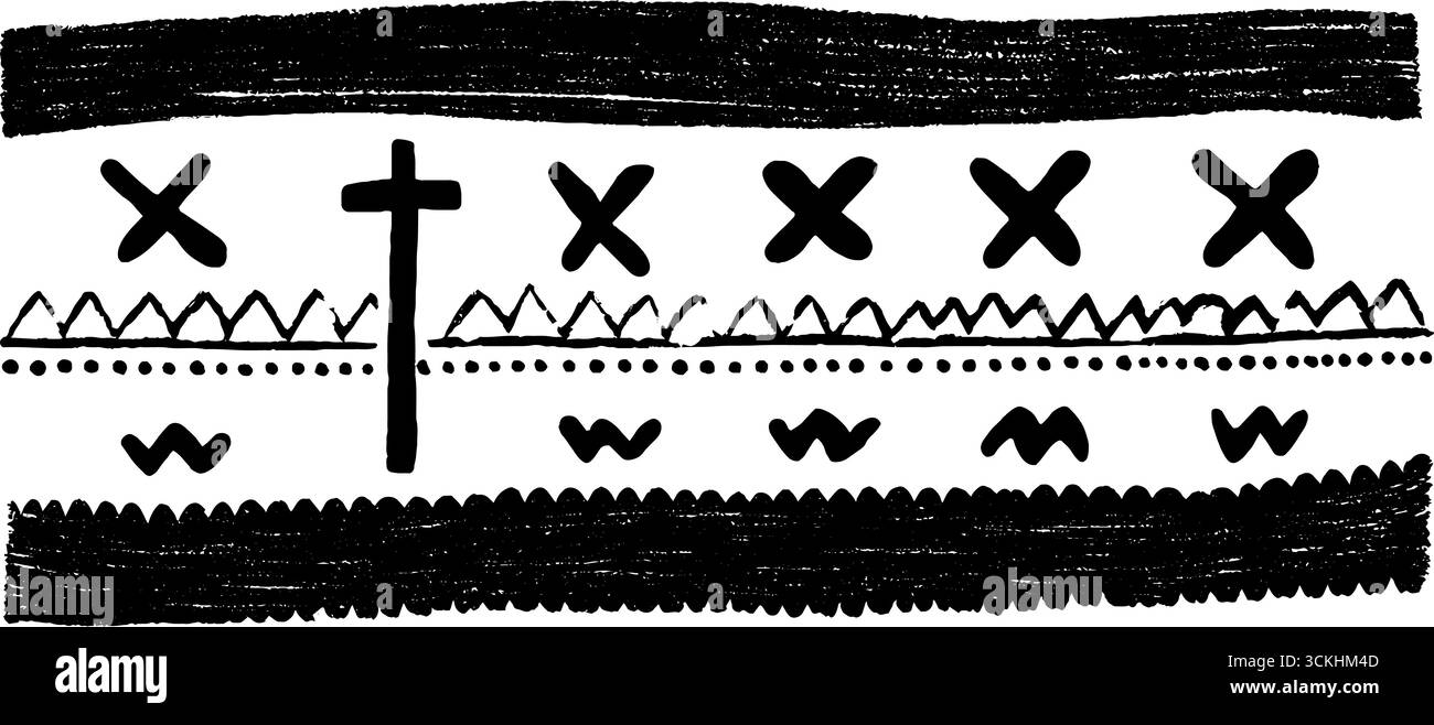 Linocut textile border with cross and repeating patterns for boho ...