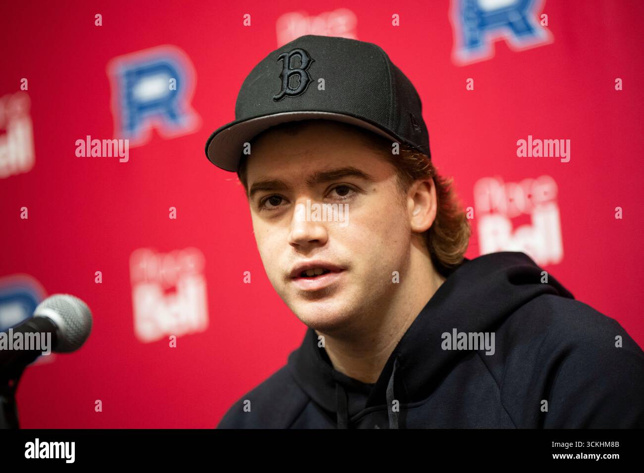 Laval Rockets' Jacob Fowler speaks to media during the end of season ...