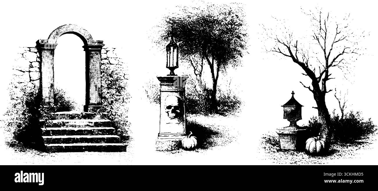 Vintage haunted house exterior elements for halloween design and ...