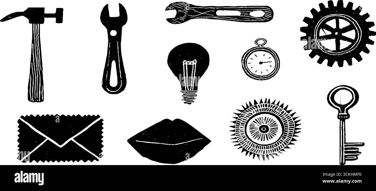 Linocut tools and objects icons set featuring hammer, wrench, gear ...