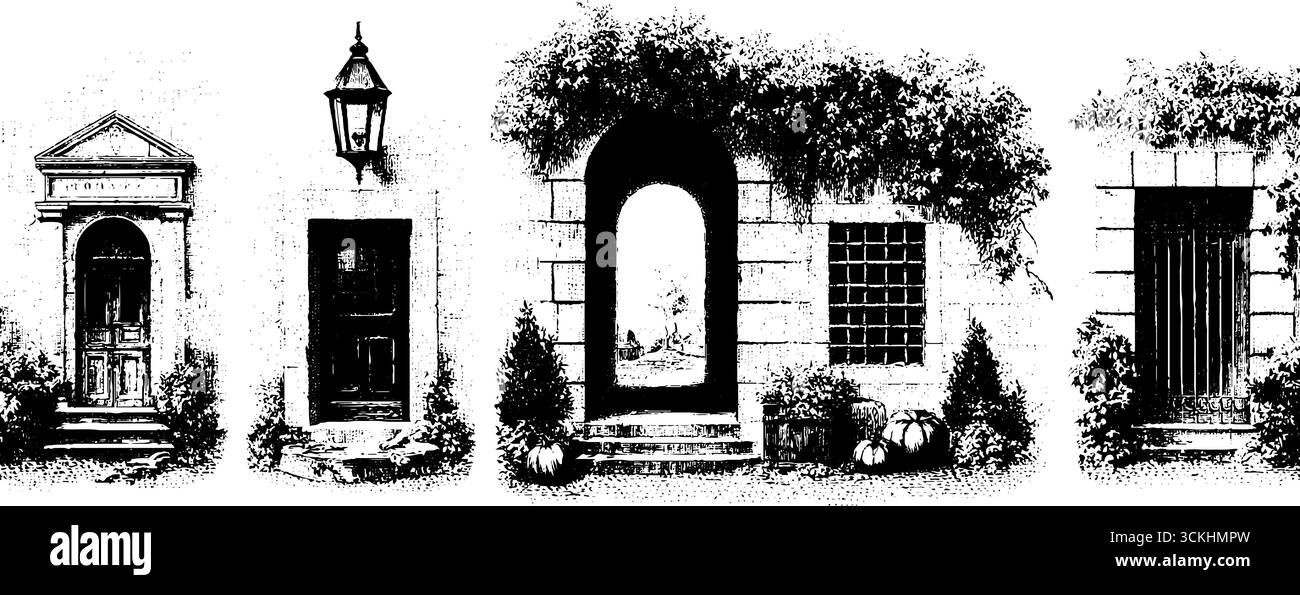 Gothic house facade collection with architectural details and vintage ...