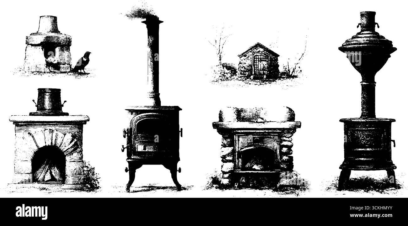 Collection of vintage engraving design elements featuring rural stoves ...