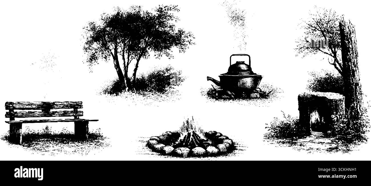 Engraving of autumn bonfire scene with trees and campfire elements for ...