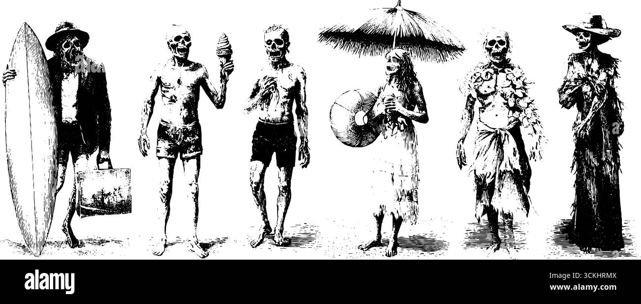 Vintage summer beach zombies collection for retro design projects Stock ...
