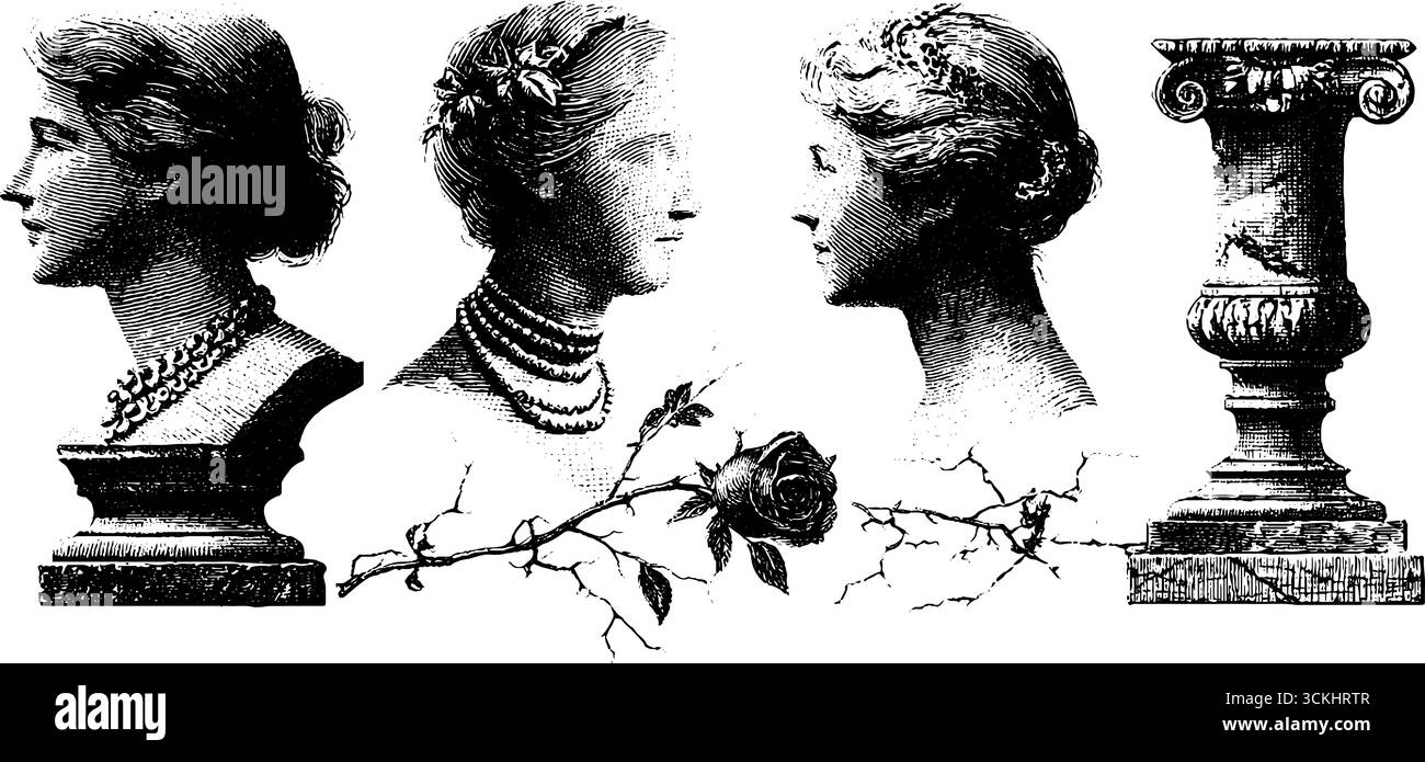 Victorian lady bust and rose engraving elements for vintage design ...