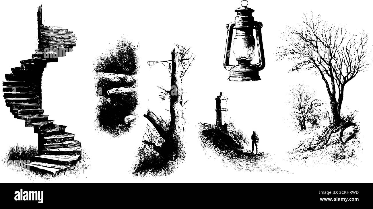 Eerie spiral staircase and forest scene engraving collection for retro ...