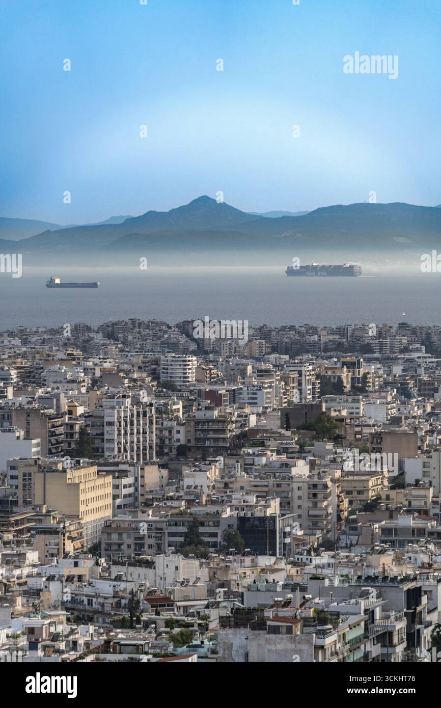 View from Athens across the Saronic Gulf with cargo ships and ...