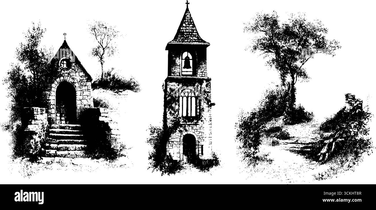 Gothic chapel ruins collection: vintage engraving art for historical ...