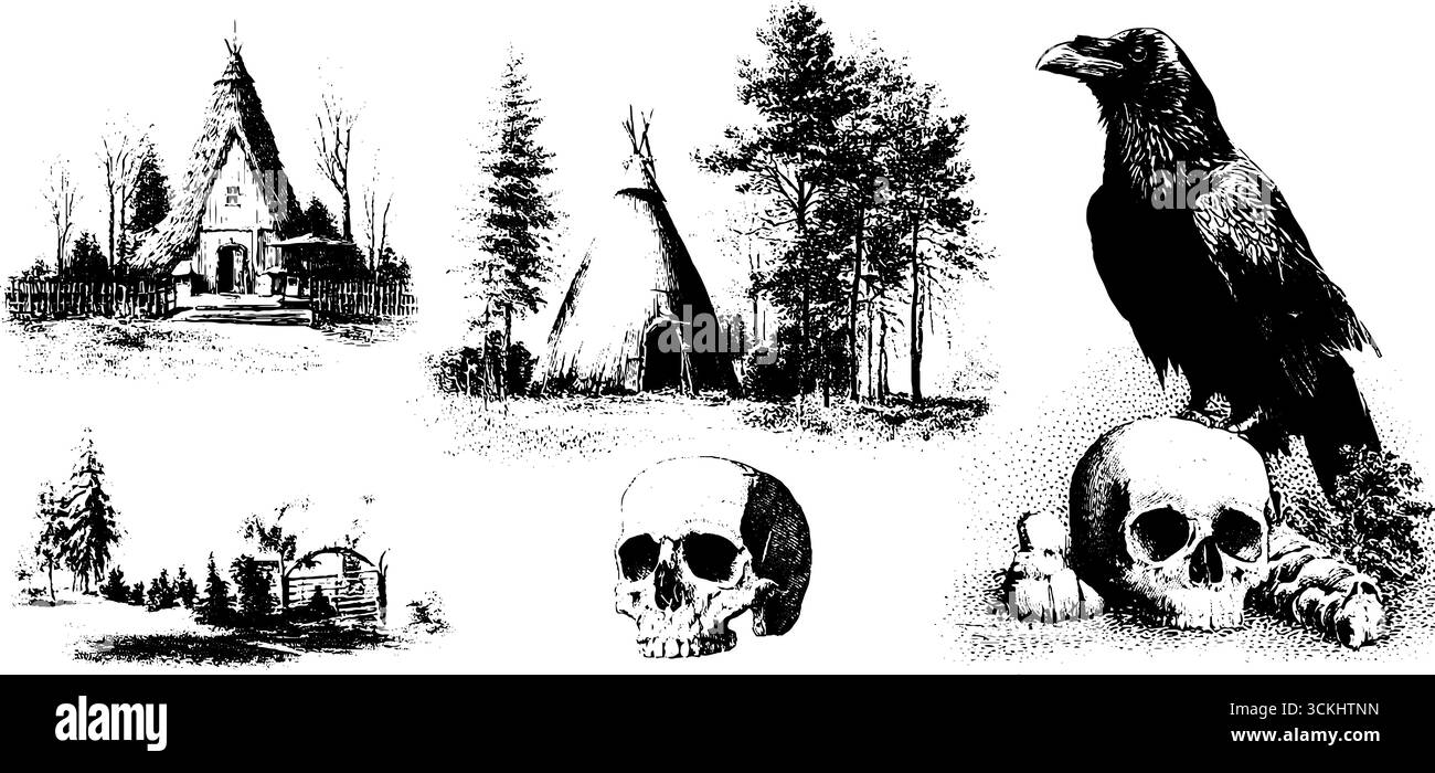 Slavic horror legends collection: engraving of baba yaga's hut, skull ...
