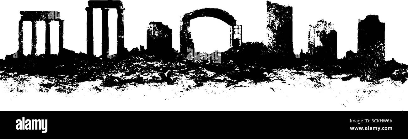 Urban ruins scene in black and white stencil design for posters Stock ...
