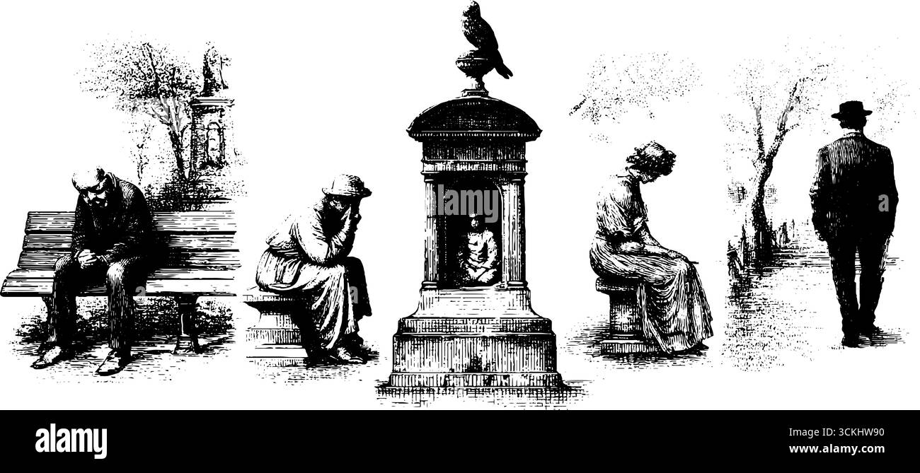 Loneliness theme vintage engraving collection - design elements for ...