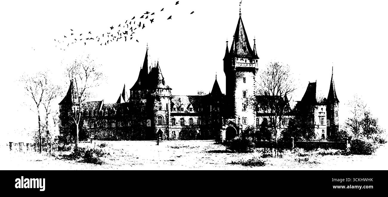 Gothic vampire castle engraving collection for retro design and decor ...