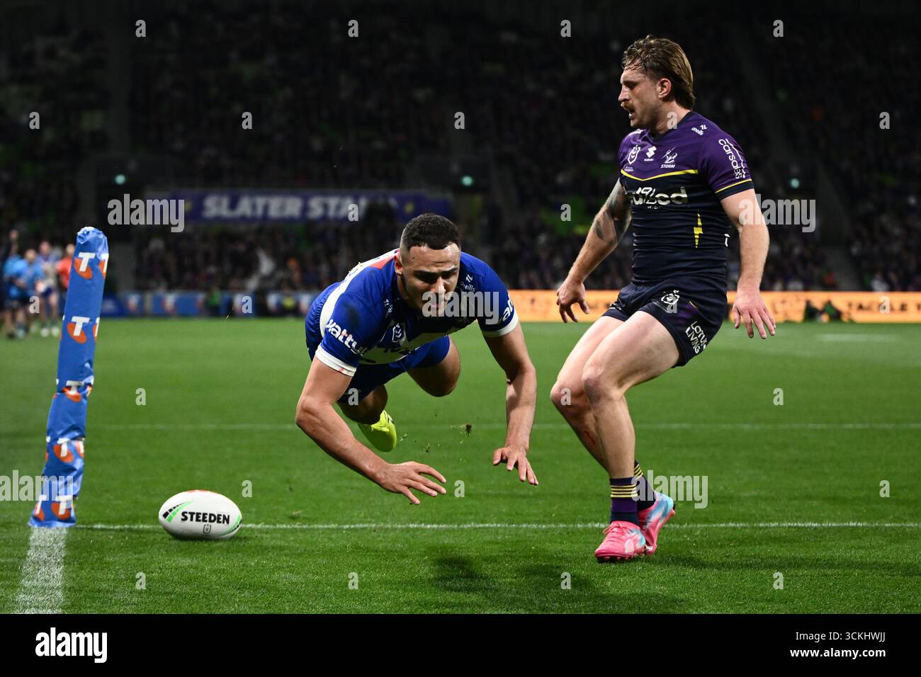 Jacob Kiraz of the Bulldogs scores a try during the NRL Qualifying ...