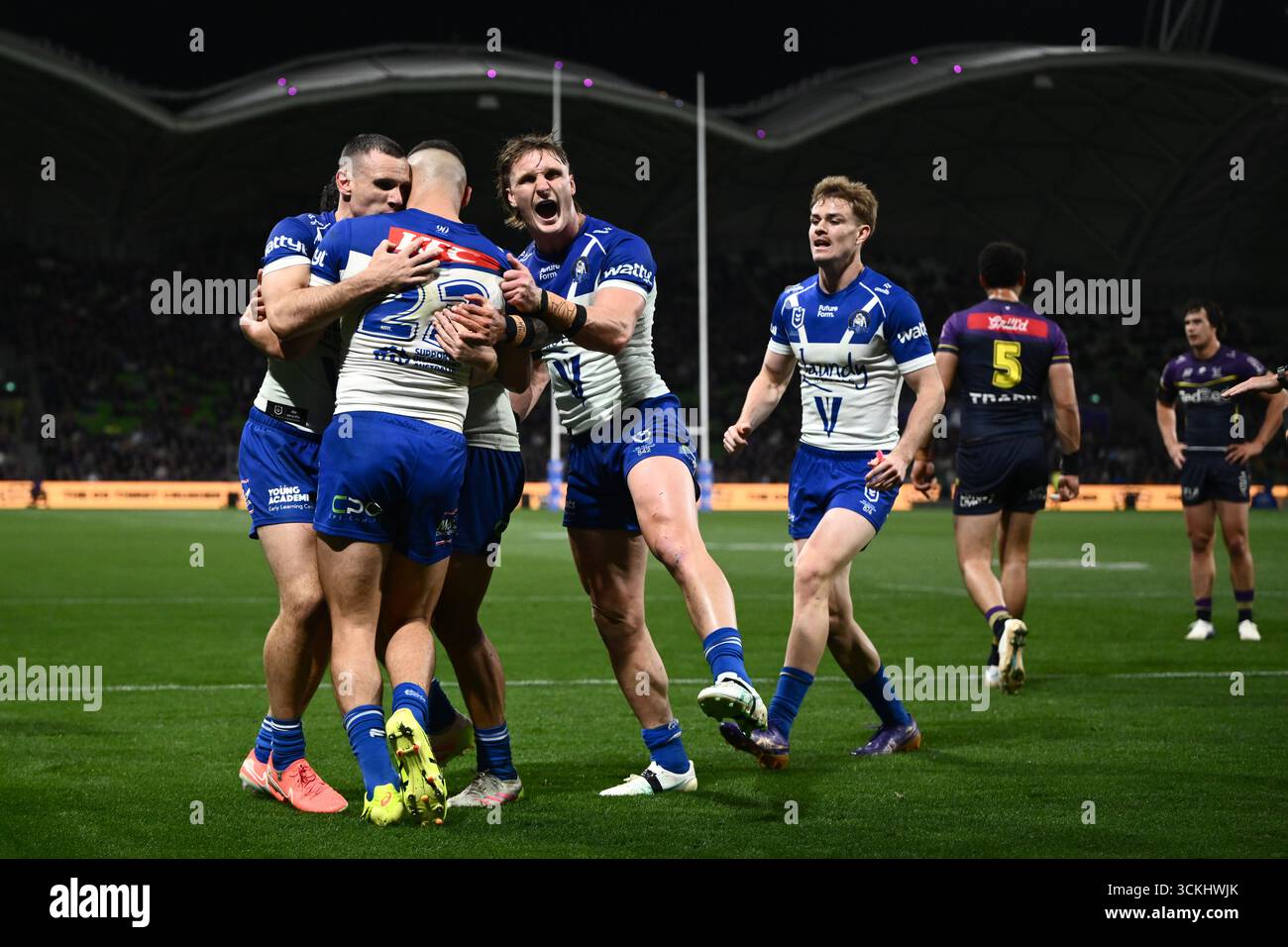 Jacob Kiraz of the Bulldogs celebrates scoring a try during the NRL ...