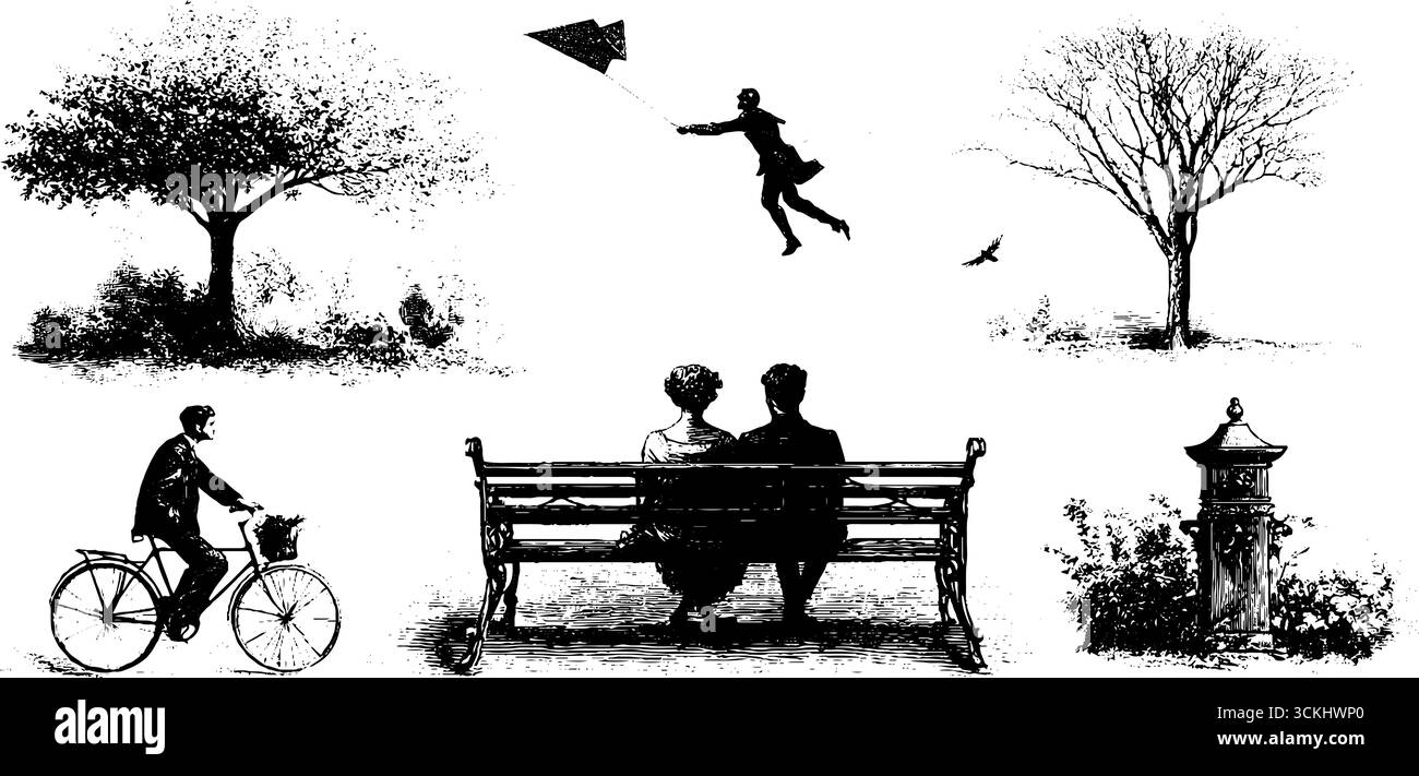 Spring park scene with engraved elements: trees, kite, bicycle, and park bench Stock Vector ...