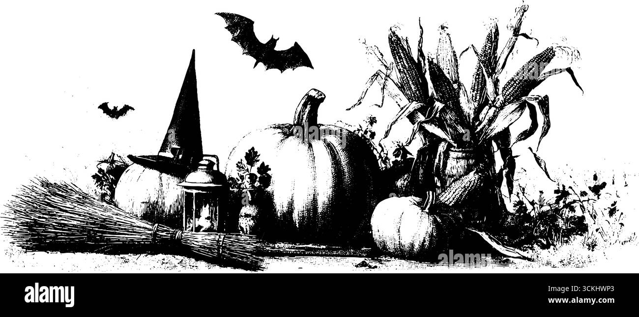 Vintage halloween porch still life with pumpkins and corn for festive ...