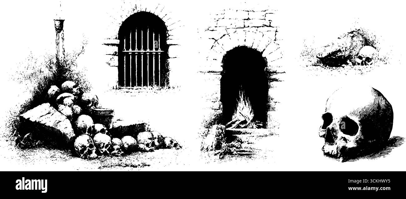 Gothic dungeon cellar scenes collection with skulls and fireplace for ...