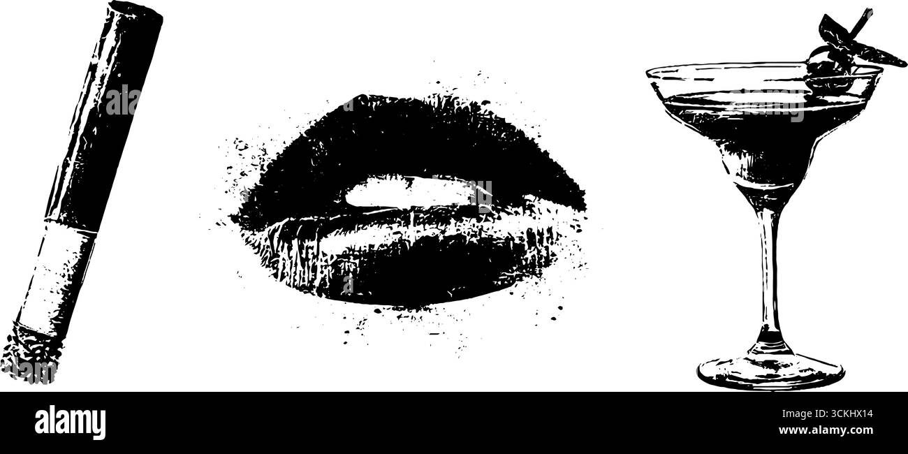 Black and white stencil set of cigar, lips, and cocktail glass for ...