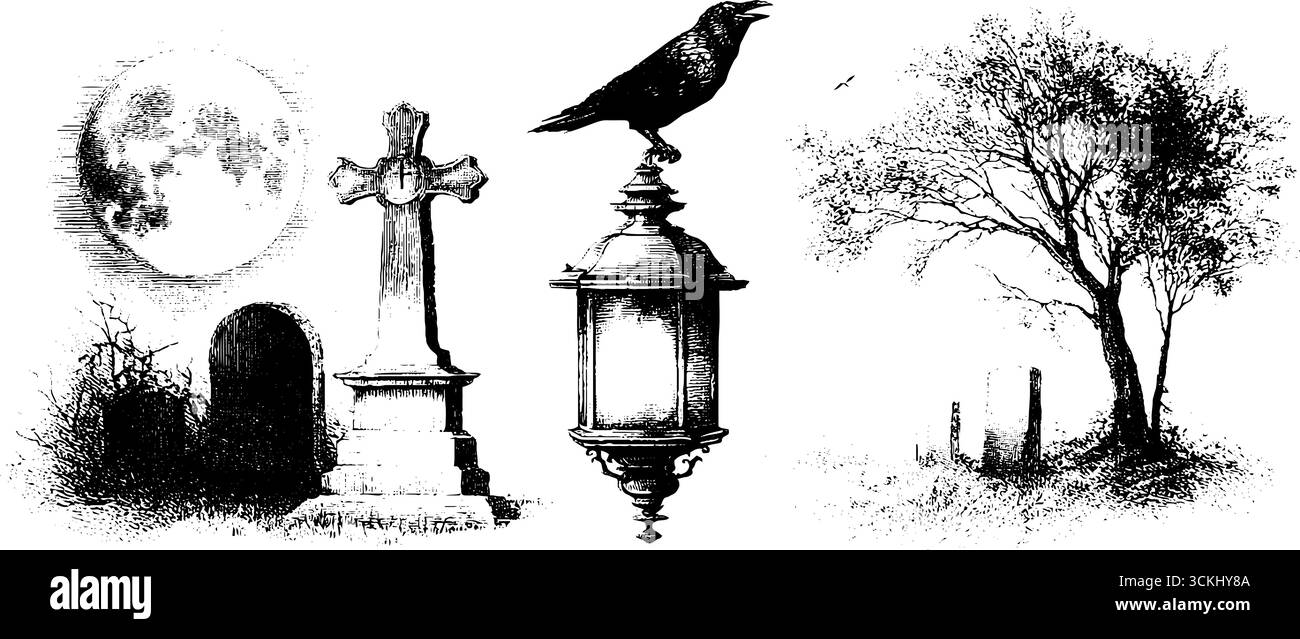 Haunted night symbols collection: moon, cross, raven, and tombstones ...