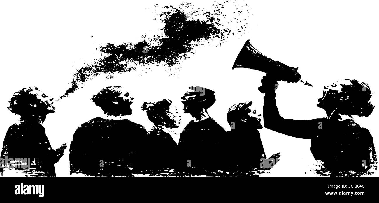 Black and white stencil illustration of a crowd with megaphone for ...