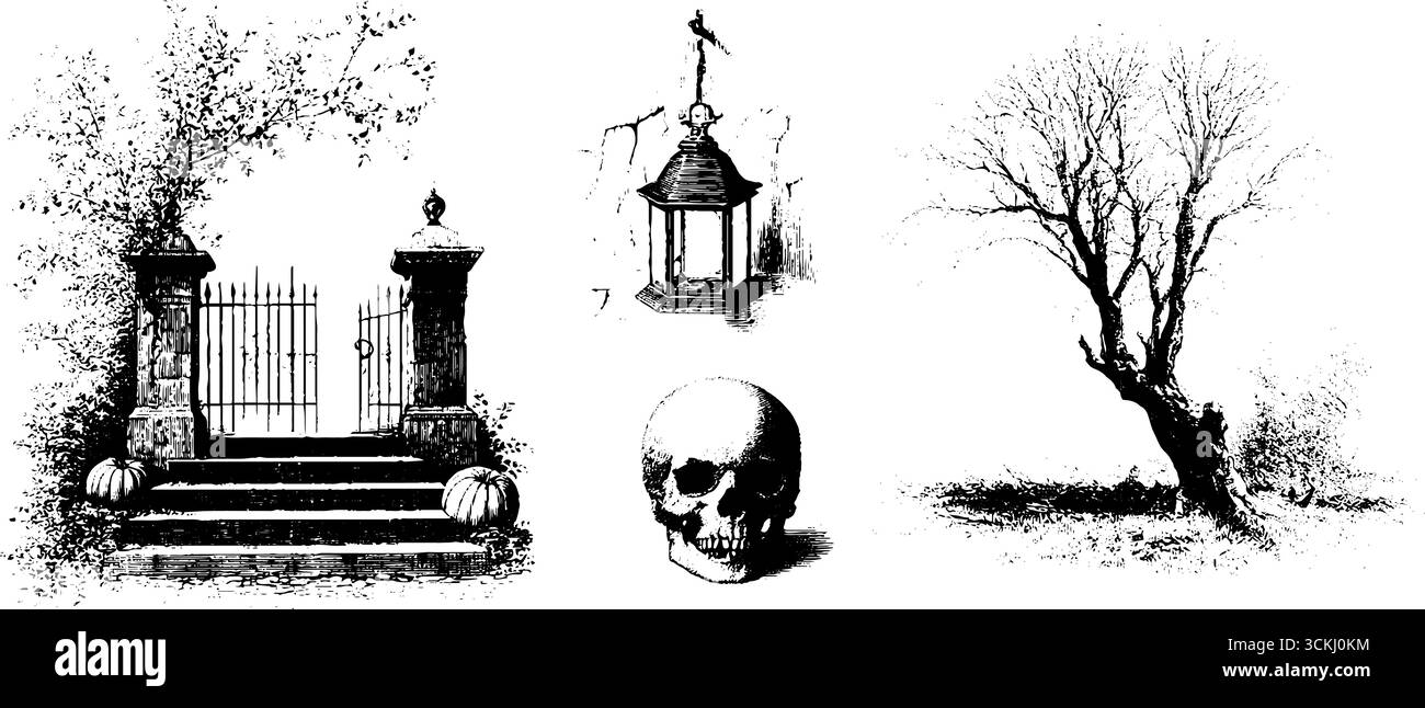 Haunted house exterior elements collection with gate, lantern, skull ...