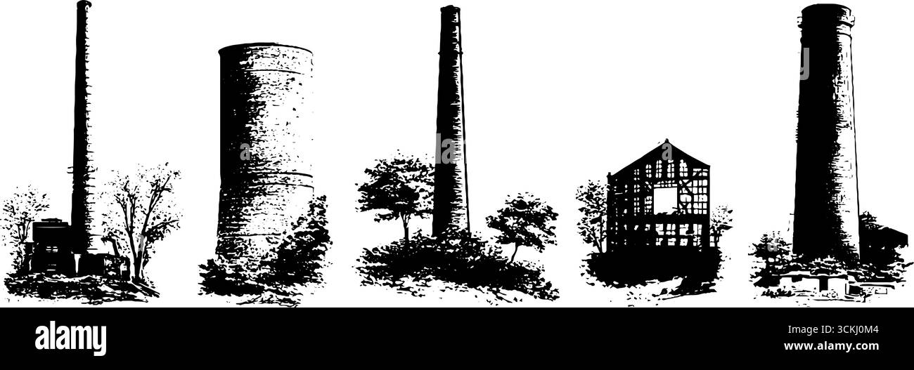 Industrial chimneys and ruins stencil art collection for urban design ...
