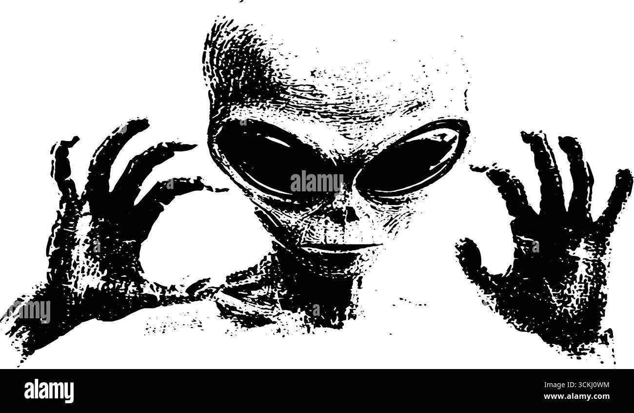 Alien concept black and white stencil illustration set for design and ...