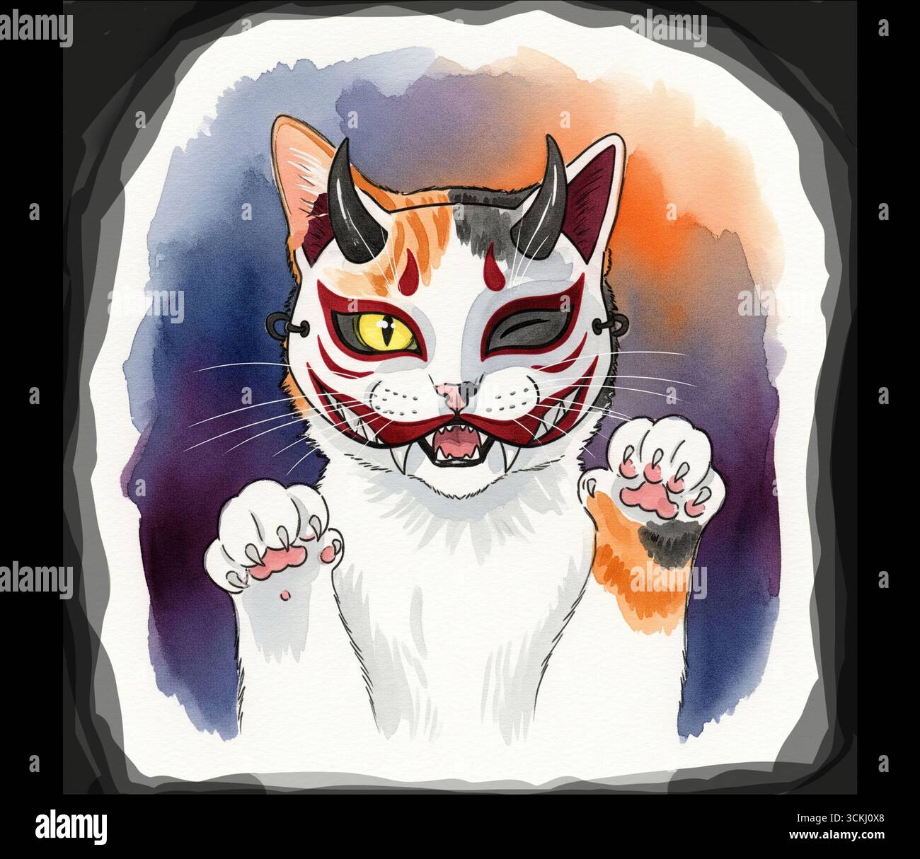 A Calico cat wear a Japanese demon cat mask and haunting everyone for ...