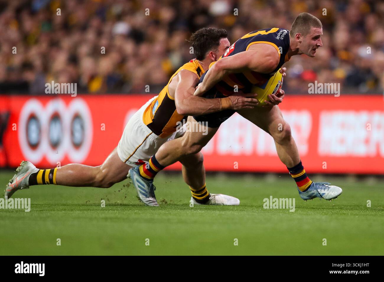 Sam Berry of the Crows is tackled by Jai Newcombe of the Hawks during ...