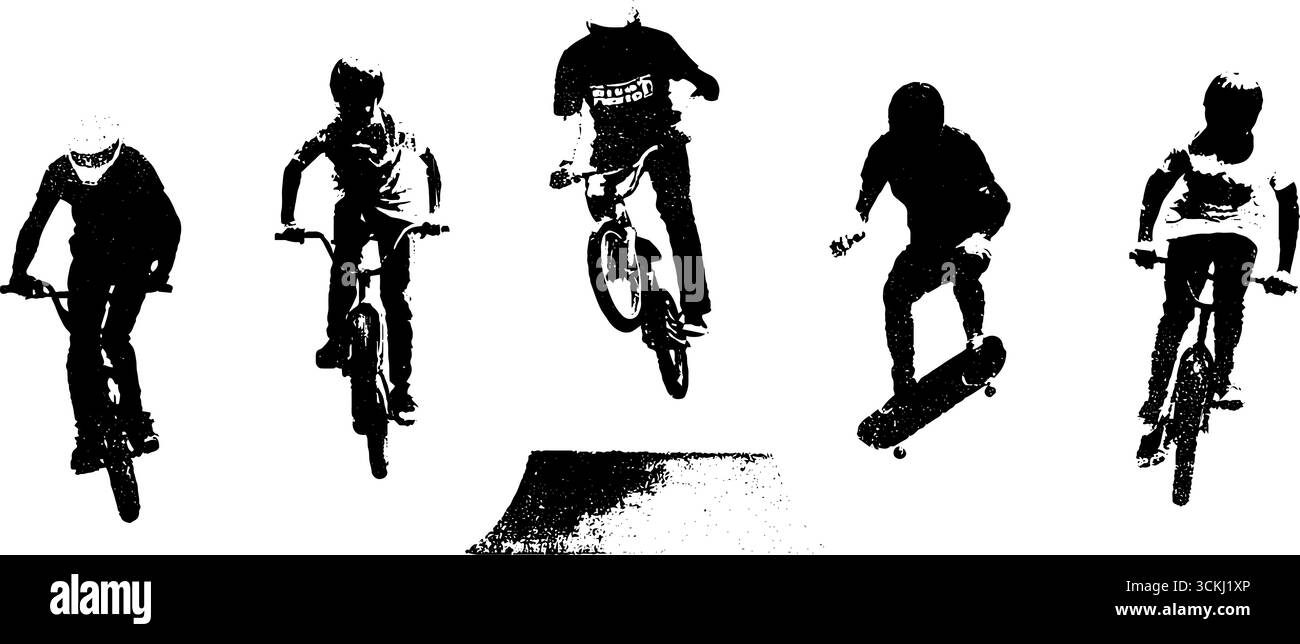 Dynamic black and white stencil illustration set of bmx and skateboard ...