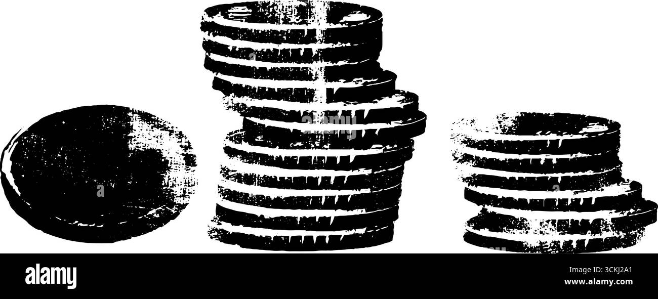 Black and white stencil illustration of coin collection for design and ...