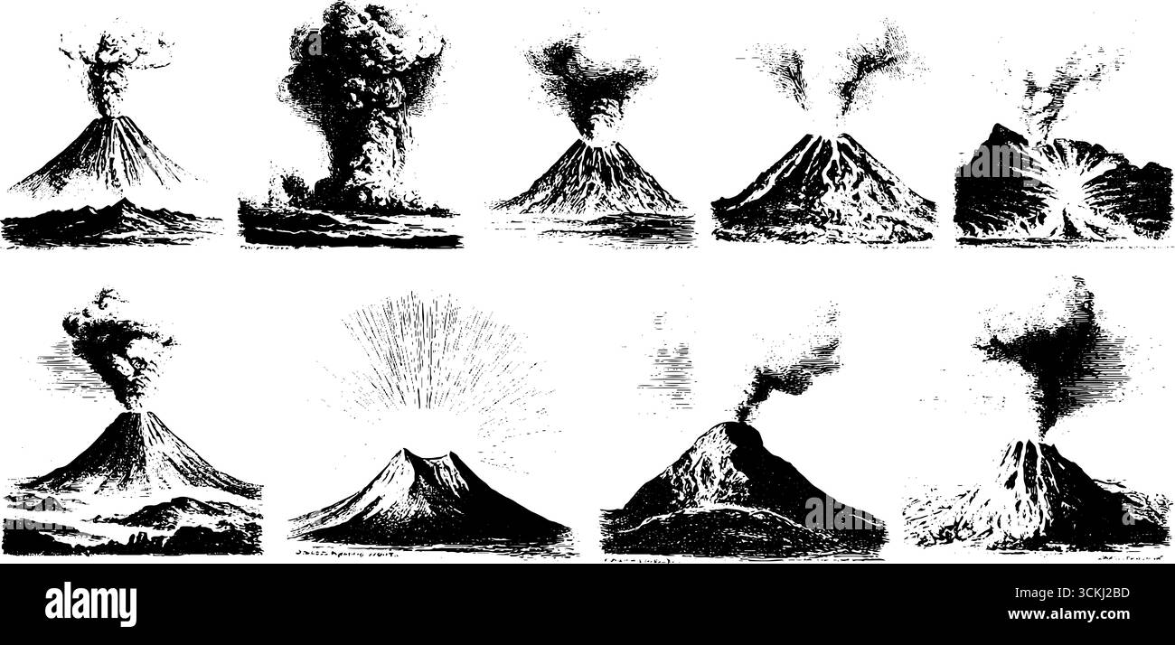 Vintage volcano eruption illustrations collection for design and print ...