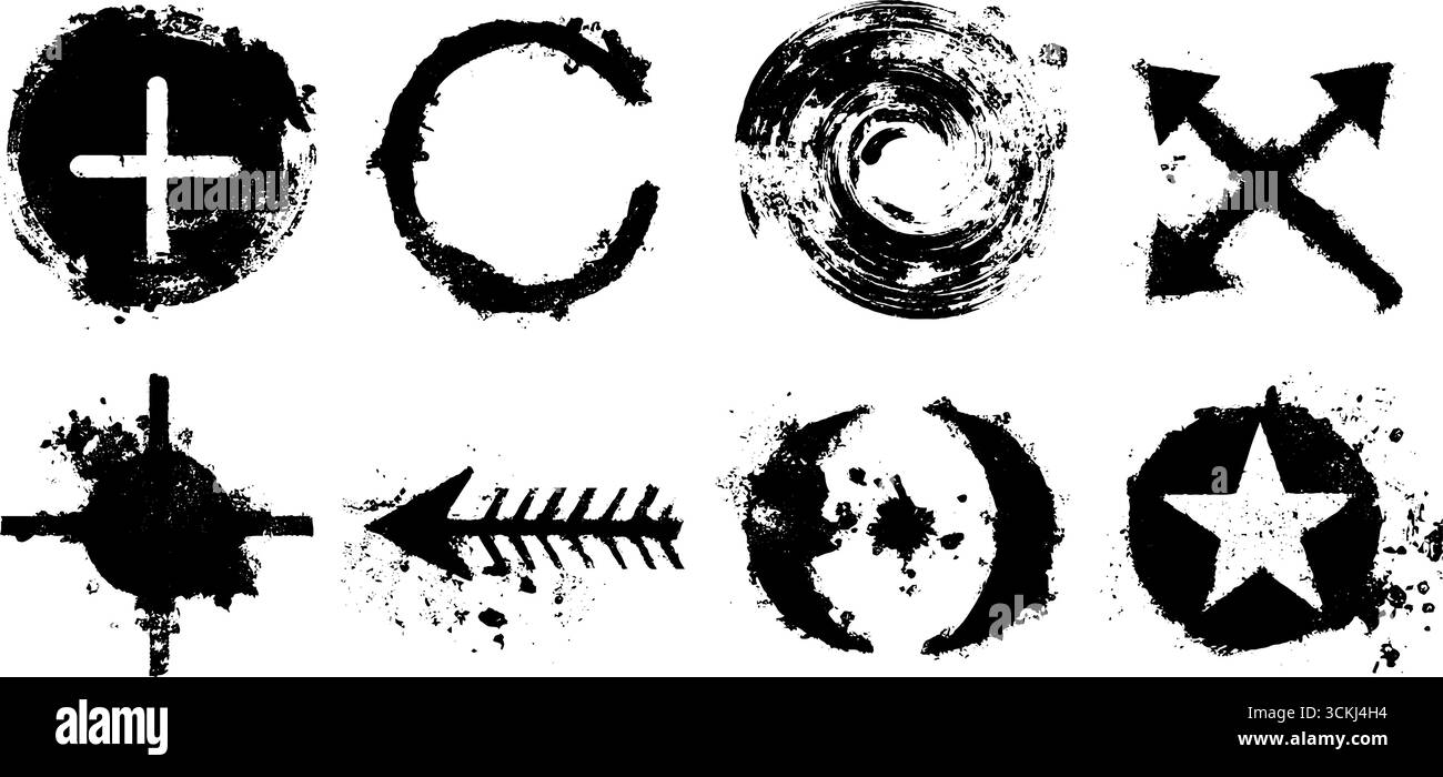 Black and white grunge stencil set of ancient symbols for design ...