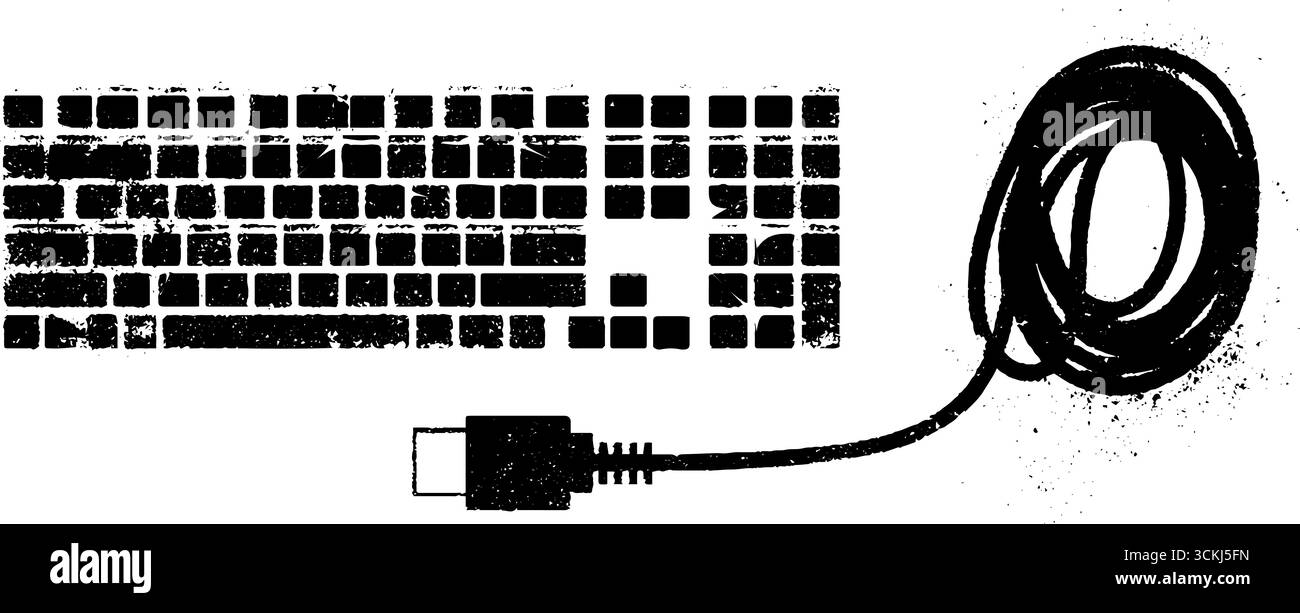 Grungy black and white stencil of hacker keyboard and cable for urban ...