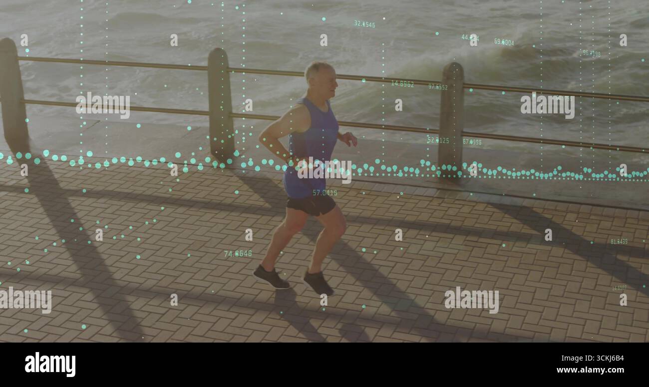 Jogging senior runner in sportswear on paved promenade by railing and ...