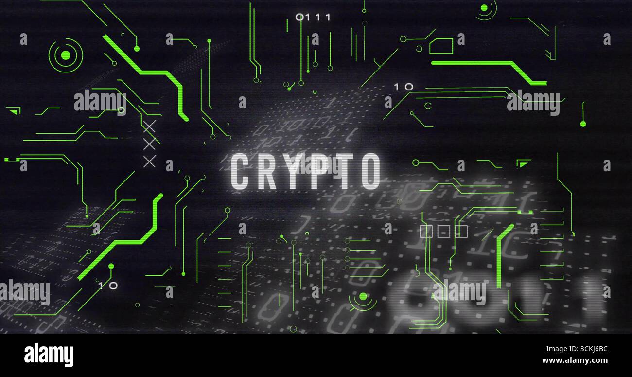 Displaying central CRYPTO text glowing in virtual interface with green ...