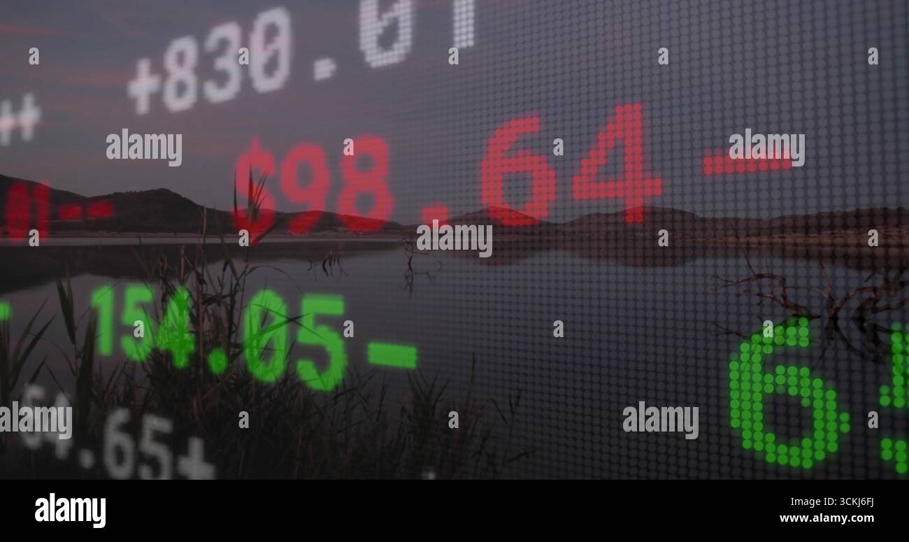 Overlaying semi-transparent stock ticker display across lakeshore reeds ...