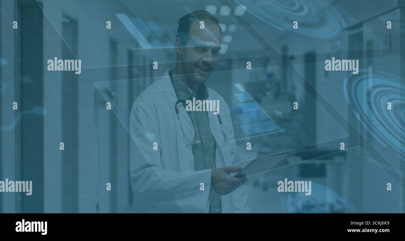 Reviewing holographic data overlays, doctor using tablet in hospital ...