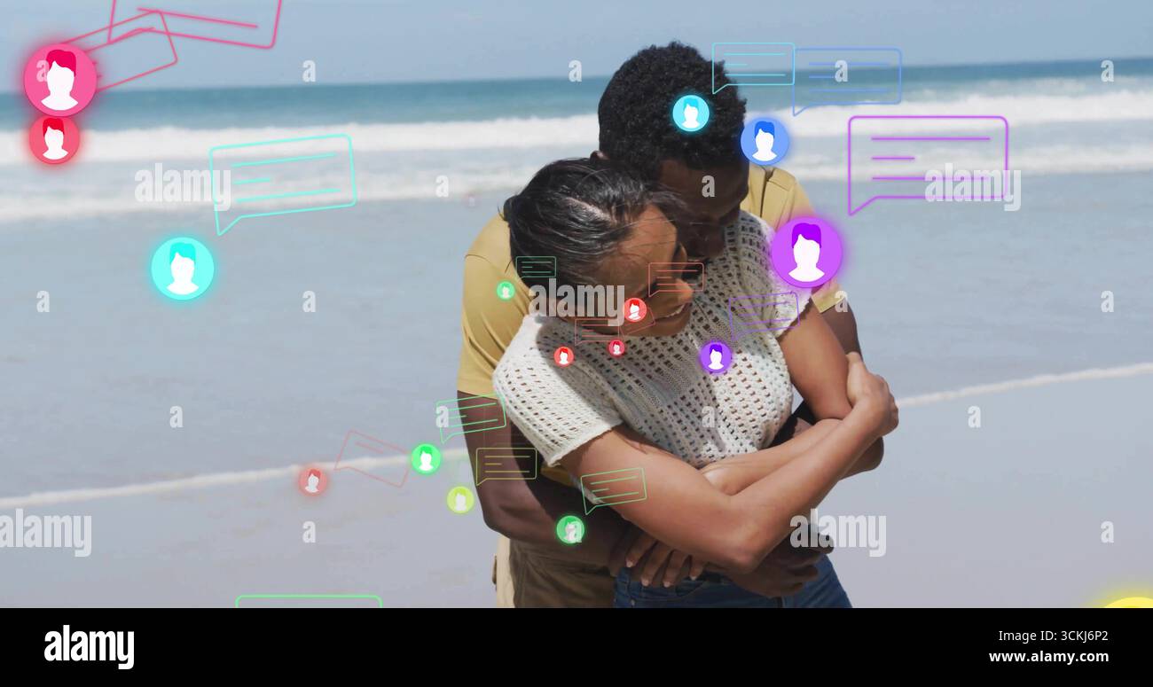 Embracing couple wearing casual clothes hugging on shore with floating ...