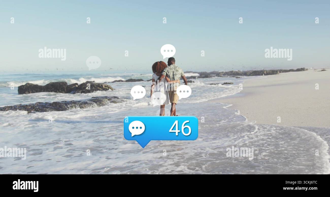 Walking couple wearing dress, Hawaiian shirt along beach, with speech ...