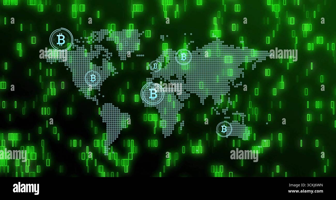 Displaying dotted world map overlaying virtual network, with falling binary code and Bitcoin ...