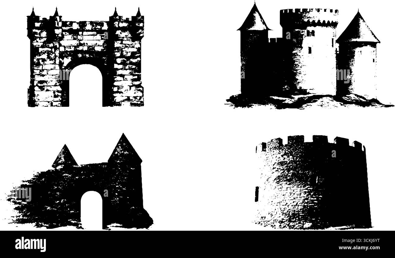 Medieval castle stencil collection in black and white for art and ...